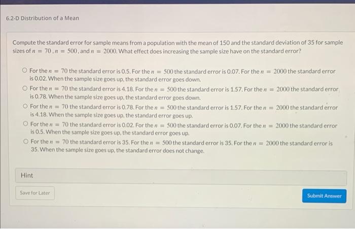 Solved Compute the standard error for sample means from a | Chegg.com