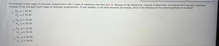 Solved The average hourly wage of computer programmers with | Chegg.com