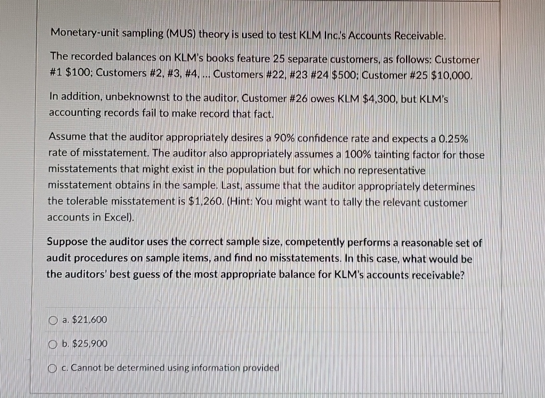 Solved Monetary-unit sampling (MUS) ﻿theory is used to test | Chegg.com