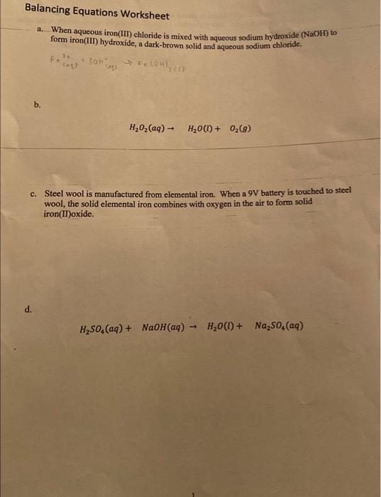 Solved Balancing Equations Worksheet p When aqueous | Chegg.com