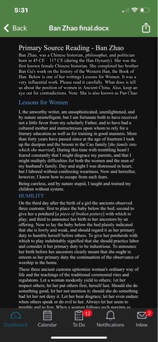 Primary Source Reading - Ban Zhao Ban Zhao, was a | Chegg.com