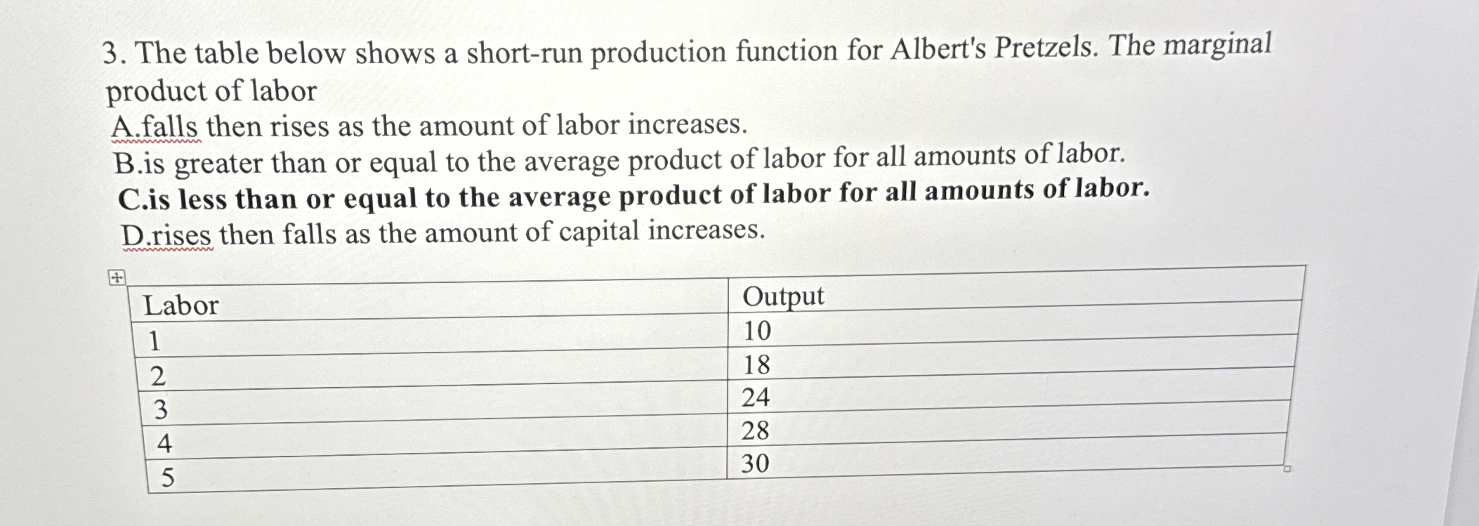 Solved The table below shows a short-run production function | Chegg.com