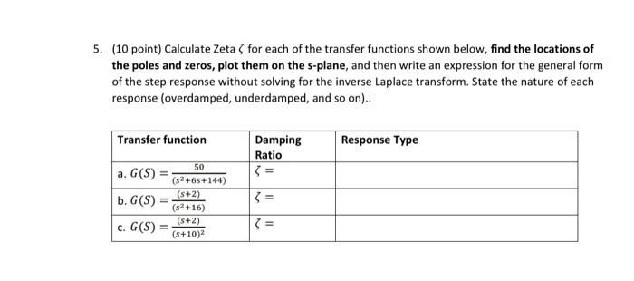 Solved 5. (10 point) Calculate Zeta for each of the transfer | Chegg.com