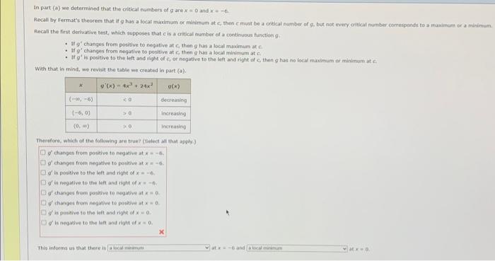 Solved In part (a) we determined that the critical numbers | Chegg.com