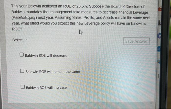 Solved This year Baldwin achieved an ROE of 28.6%. Suppose | Chegg.com