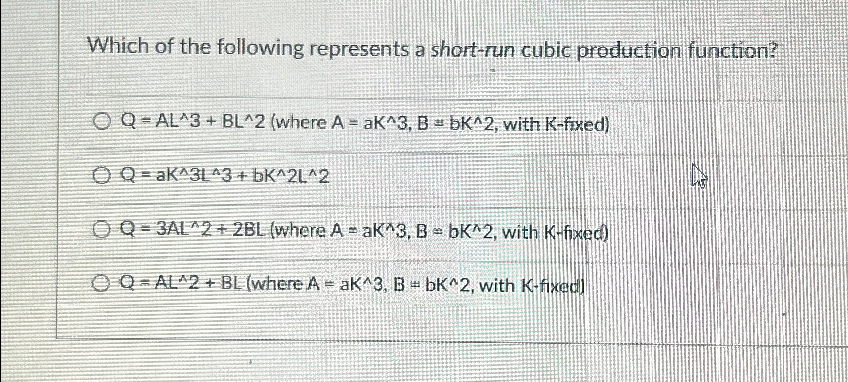 Solved Which of the following represents a short-run cubic | Chegg.com