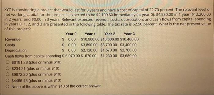 Solved 3. XYZ is considering a project that would last for 3 | Chegg.com