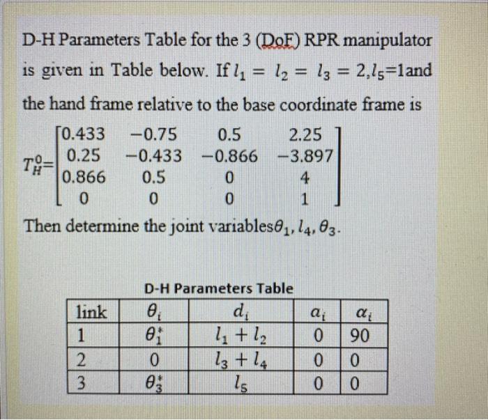 Solved D-H Parameters Table for the 3 (DoF) RPR manipulator | Chegg.com