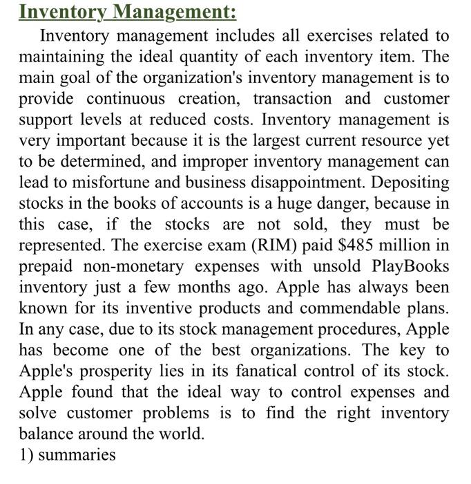 Solved Inventory Management: Inventory management includes | Chegg.com