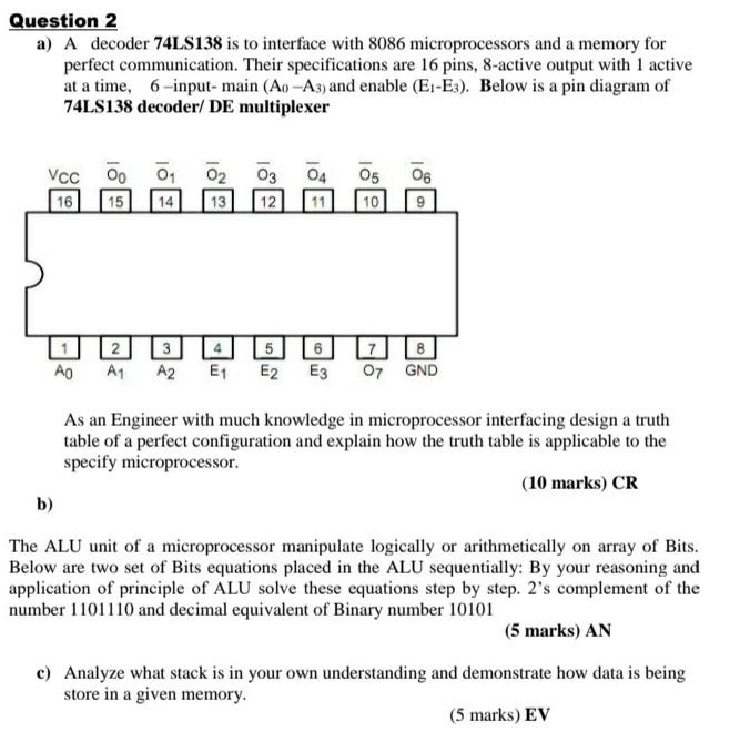 Solved Question 2 a) A decoder 74LS138 is to interface with | Chegg.com