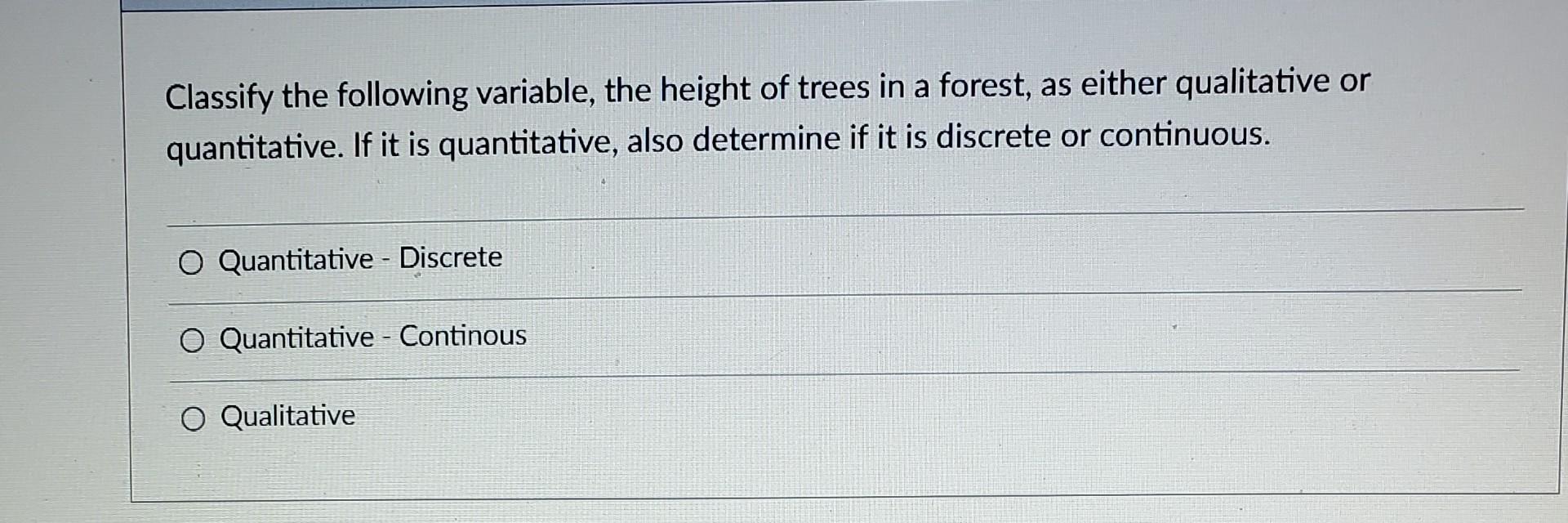 Solved Classify the following variable, the height of trees | Chegg.com