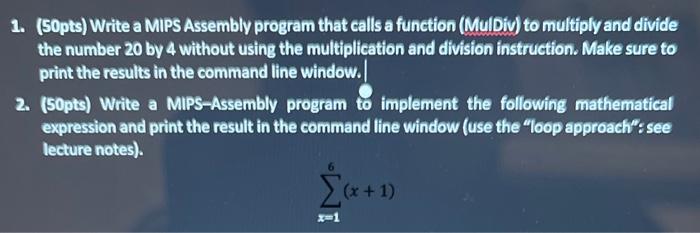 1. (50pts) Write a MIPS Assembly program that calls a | Chegg.com