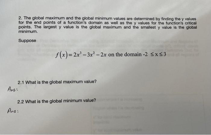 Solved 2. The global maximum and the global minimum values | Chegg.com