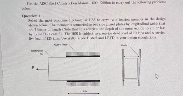 Solved Use the AISC Steel Construction Manual, 15th Edition | Chegg.com