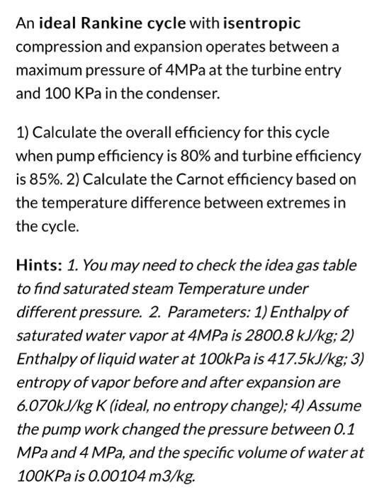 Solved An ideal Rankine cycle with isentropic compression | Chegg.com