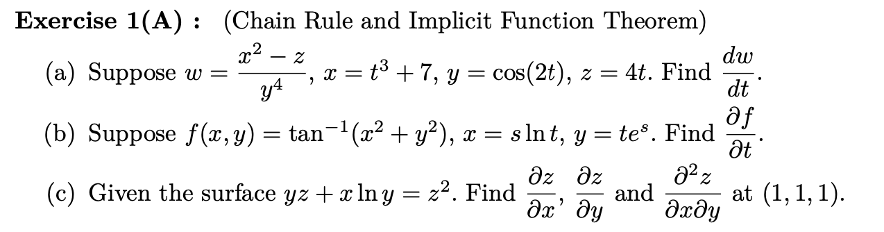 Solved Exercise 1(A): (Chain Rule and Implicit Function | Chegg.com