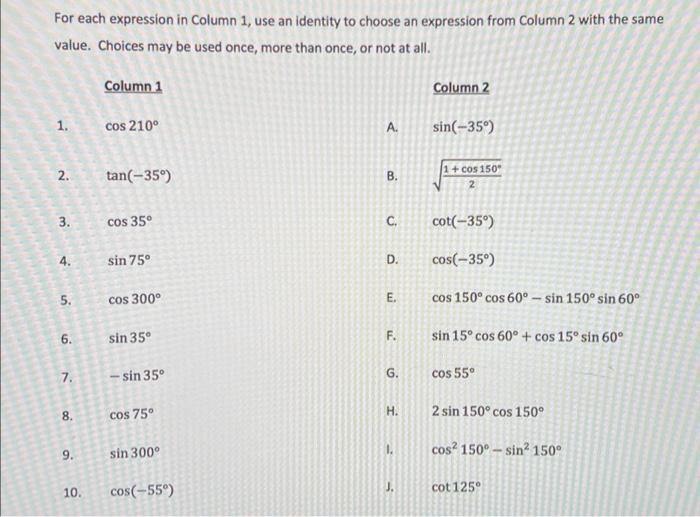 Solved For each expression in Column 1, use an identity to | Chegg.com