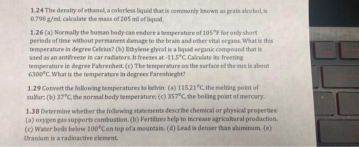 Solved 1.24 The density of ethanol, a colorless liquid that | Chegg.com