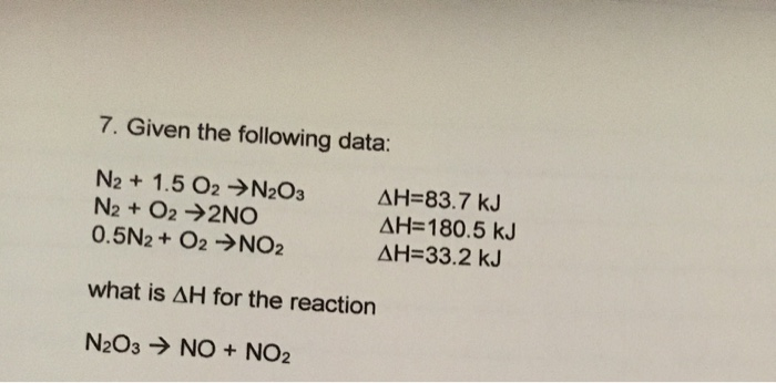Solved 7. Given the following data: N2 + 1.5 O2 →N203 N2 + | Chegg.com