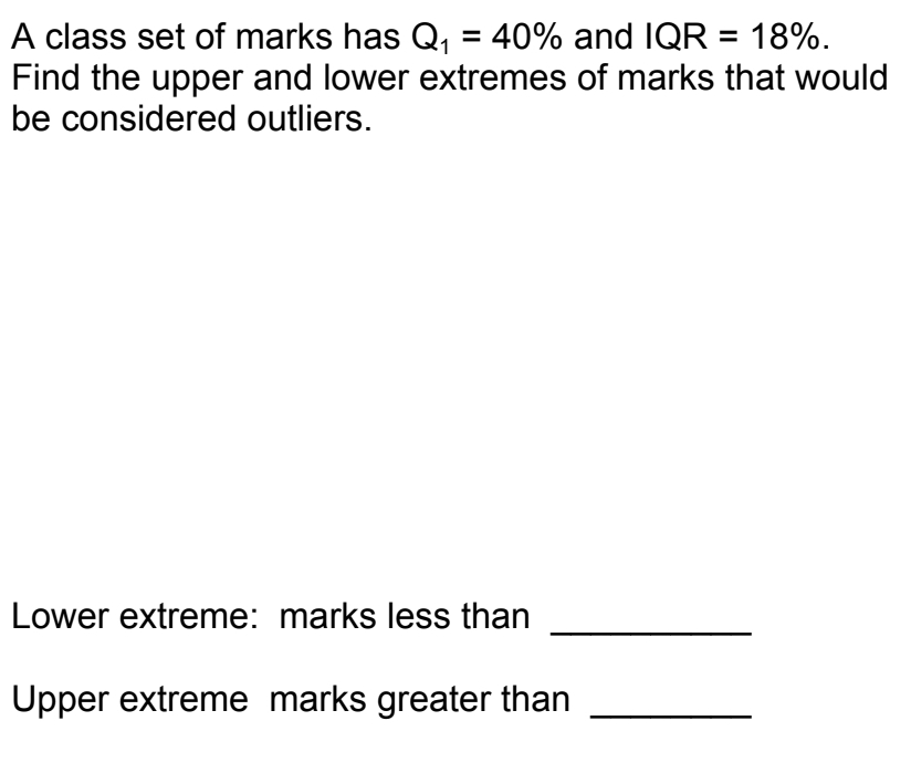 Solved A class set of marks has Q1=40% ﻿and IQR=18%. ﻿Find | Chegg.com