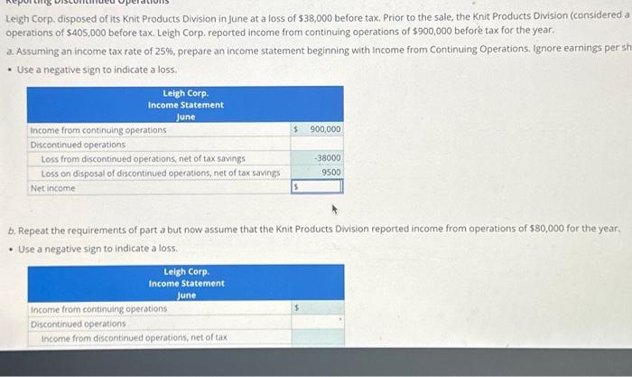 Solved Leigh Corp. disposed of its Knit Products Division in | Chegg.com