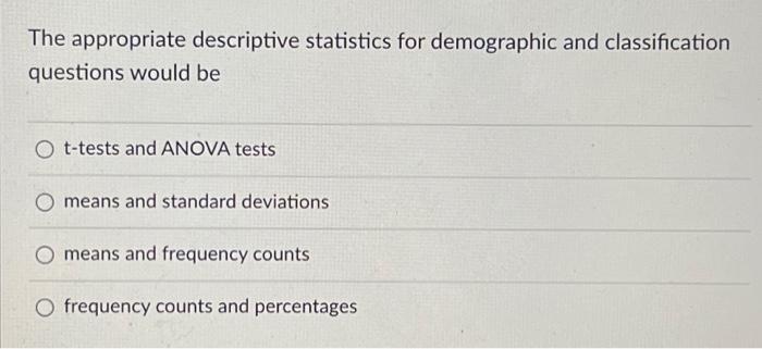 Solved The appropriate descriptive statistics for | Chegg.com