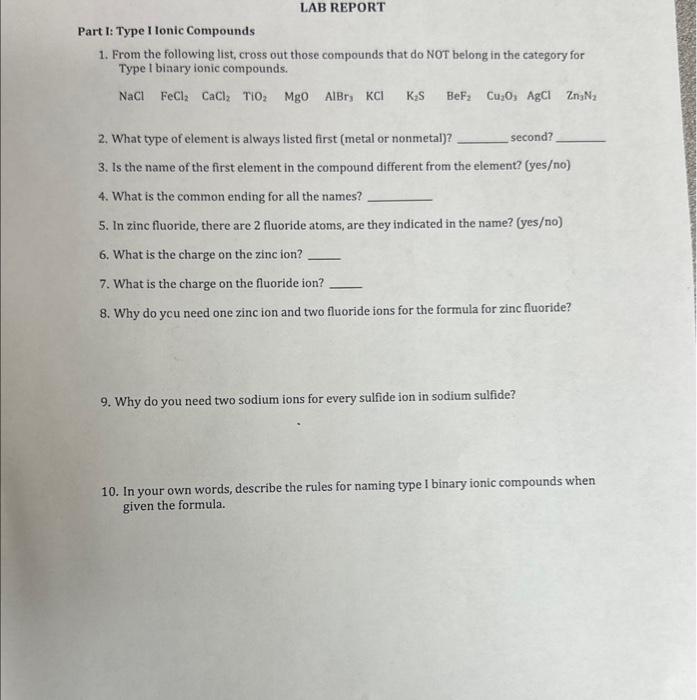 Solved Part I: Type I lonic Compounds 1. From the following | Chegg.com