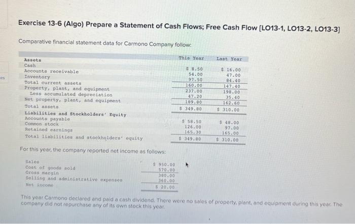 Solved Exercise 13-6 (Algo) Prepare a Statement of Cash | Chegg.com