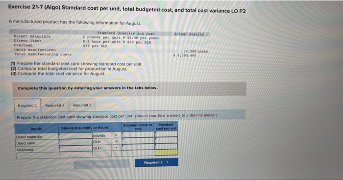 Solved Exercise 21-7 (Algo) Standard cost per unit, total | Chegg.com