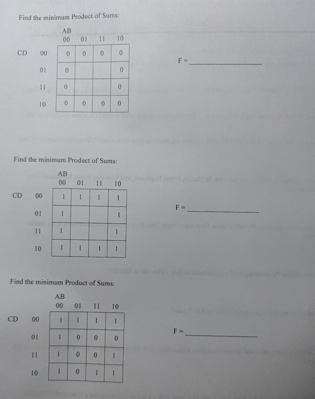 Solved Find the minimum Product of Sums: AB CD F= Find the | Chegg.com