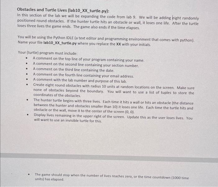 Obstacles and Turtle Lives (lab10_XX_turtle.py): In | Chegg.com