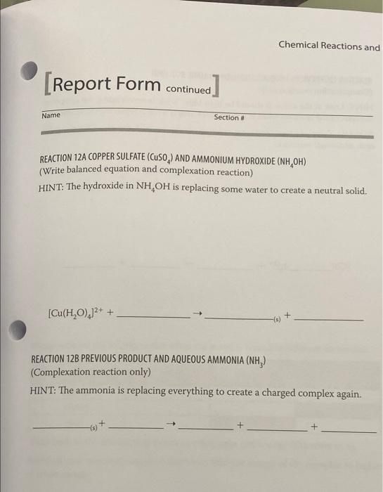 Solved Chemical Reactions and [Report Form continued.] Name | Chegg.com