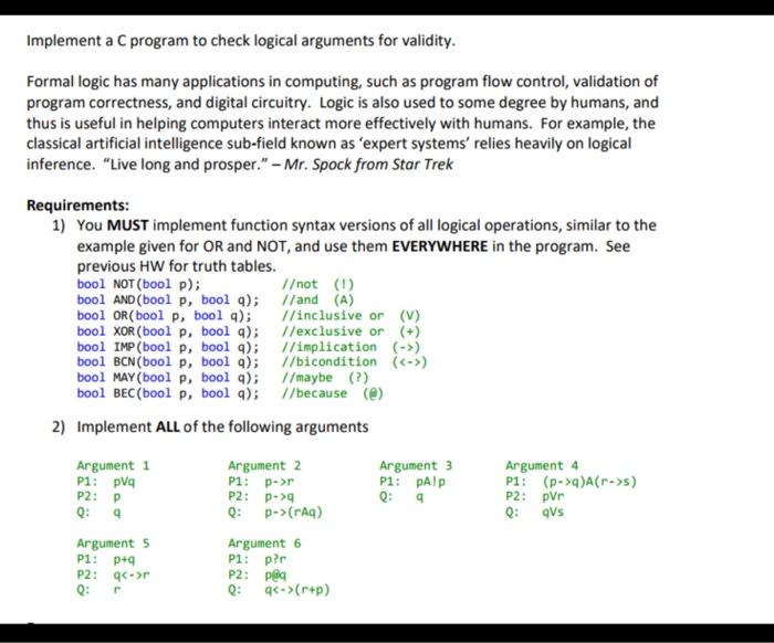 Implement a C program to check logical arguments for | Chegg.com