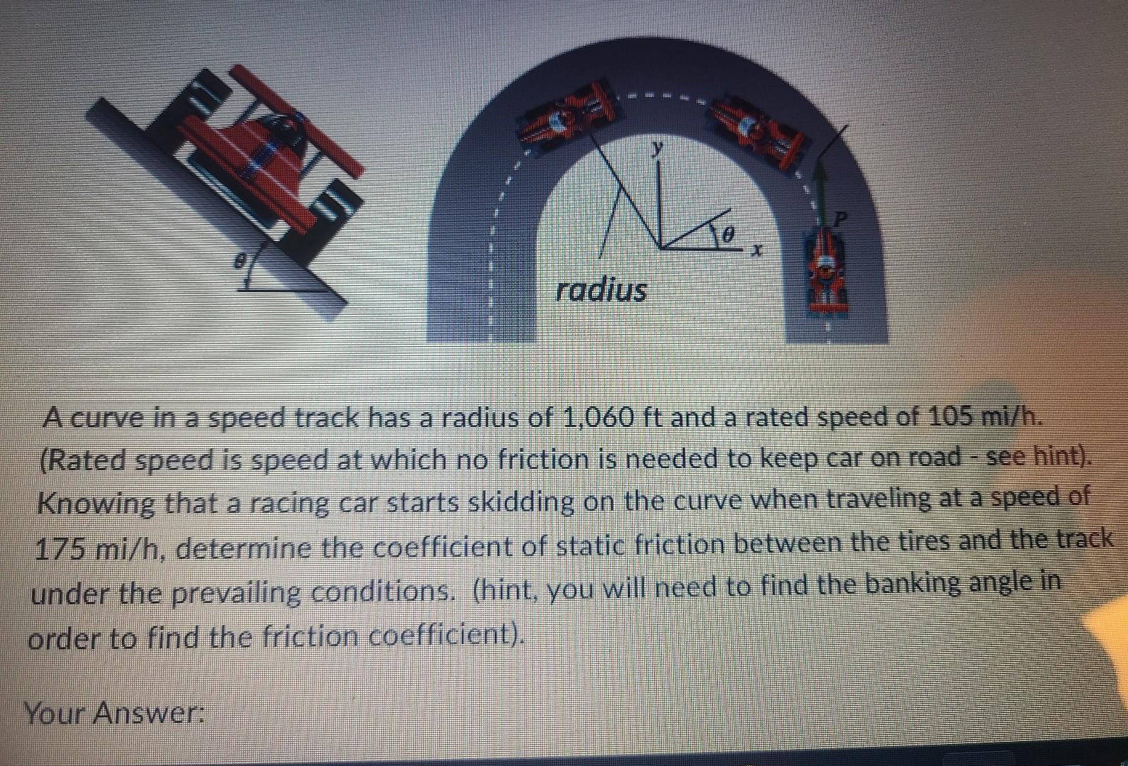 Solved A curve in a speed track has a radius of 1,060ft and | Chegg.com