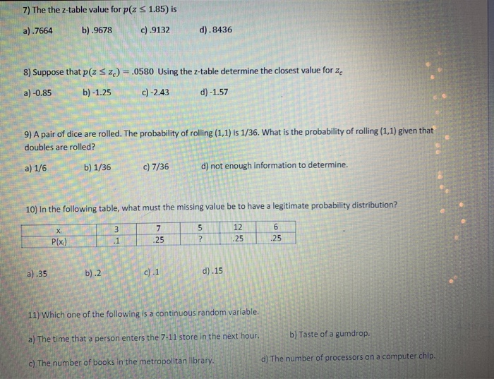 Solved 7) The the z-table value for p(z S 1.85) is a).7664 | Chegg.com