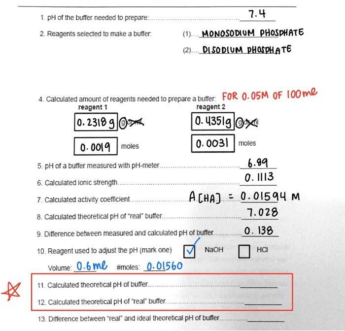 Solved For a lab buffer lab for an assigned pH of 7.4 using | Chegg.com