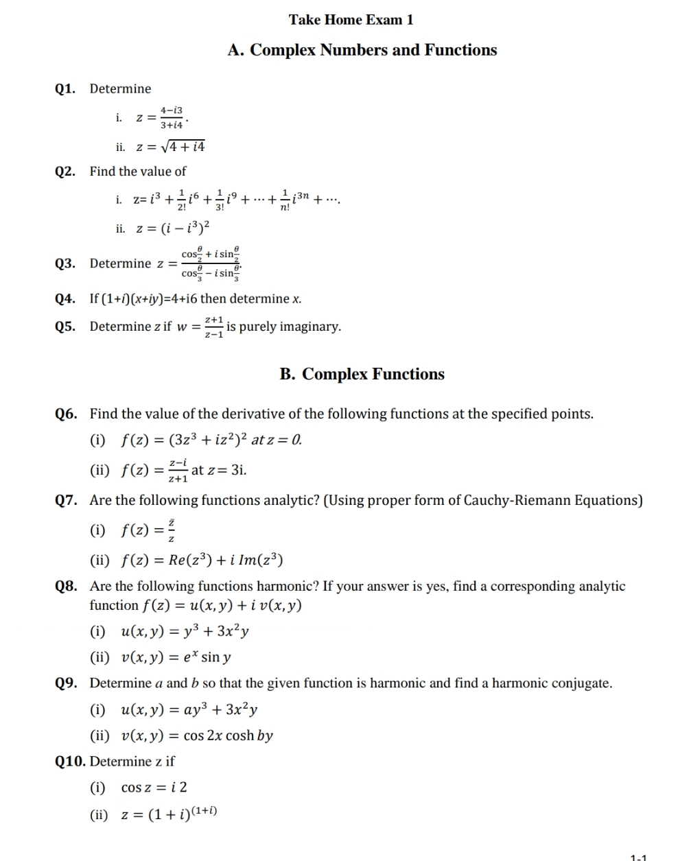 Solved Take Home Exam 1A. ﻿Complex Numbers and FunctionsQ1. | Chegg.com