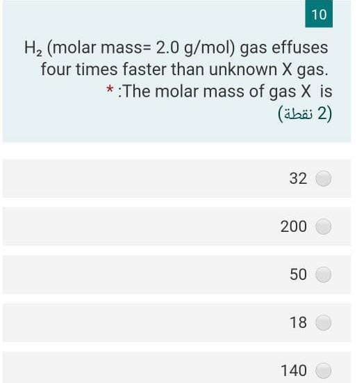 Solved 10 H2 (molar mass=2.0 g/mol) gas effuses four times | Chegg.com