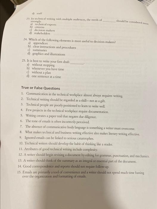 Multiple Choice Questions 1. Wrining in the technical | Chegg.com