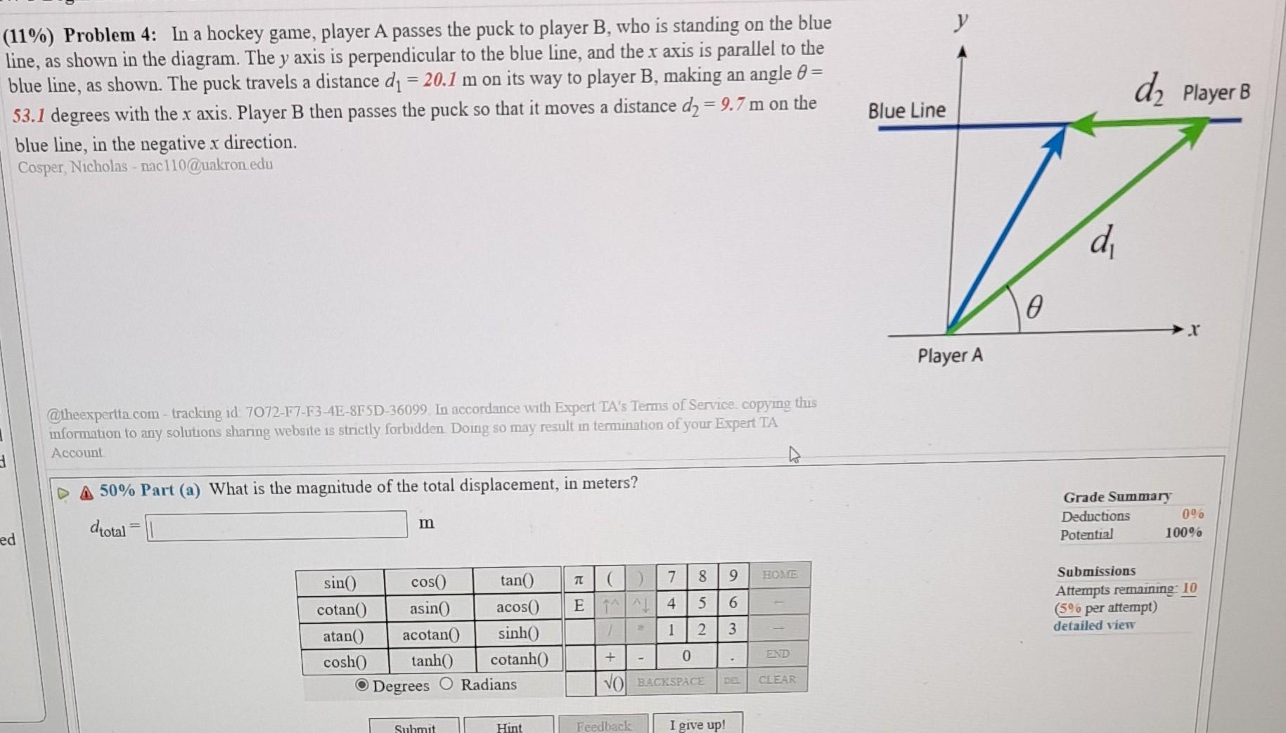 Solved (11\%) Problem 4: In a hockey game, player A passes | Chegg.com