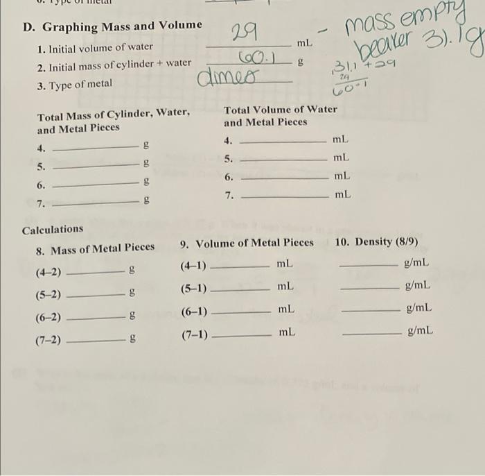 [Solved]: D. Graphing Mass and Volume 1. Initial volume of