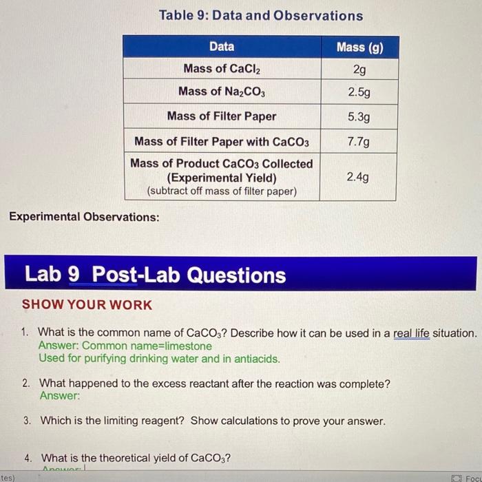 Solved Table 9: Data and Observations Experimental | Chegg.com