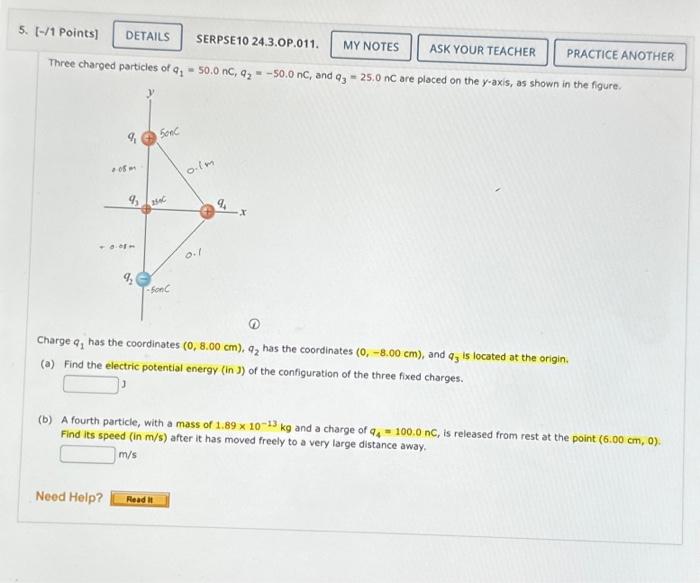 Solved Three charged particles of q1=50.0nc,q2=−50.0nc, and | Chegg.com
