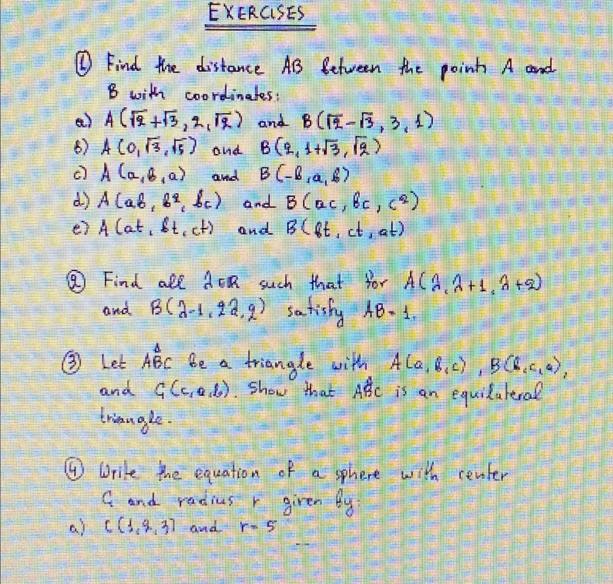 Solved EXERCISES\\n(1) Find the distance AB letveen the | Chegg.com