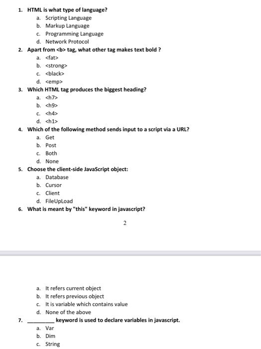 Solved 1 Html Is What Type Of Language A Scripting