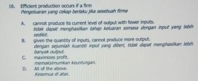 Solved Efficient production occurs if a firmPengetuaran yang | Chegg.com