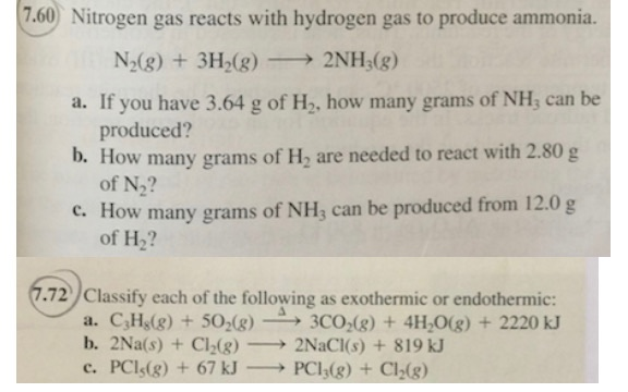 Solved 7.60 Nitrogen gas reacts with hydrogen gas to produce | Chegg.com