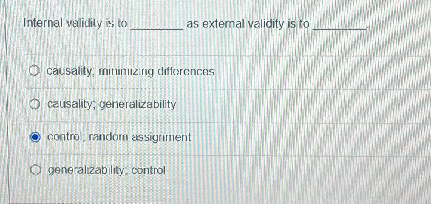 Solved Internal validity is to as external validity is | Chegg.com