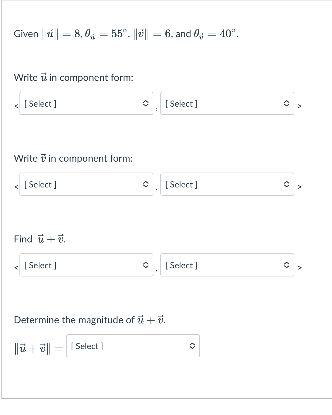 Solved Given ||vec(u)||=8,θvec(u)=55°,||vec(v)||=6, ﻿and | Chegg.com