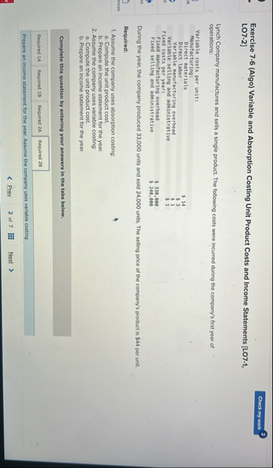 Solved Exercise 7-6 (Algo) ﻿Variable and Absorption Costing | Chegg.com